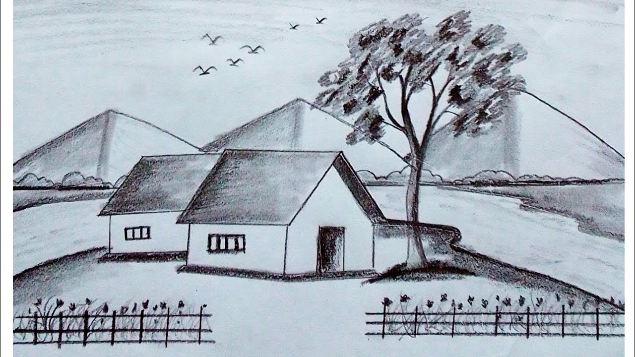 How to draw village scenery with pencil// Beautiful village drawing ...