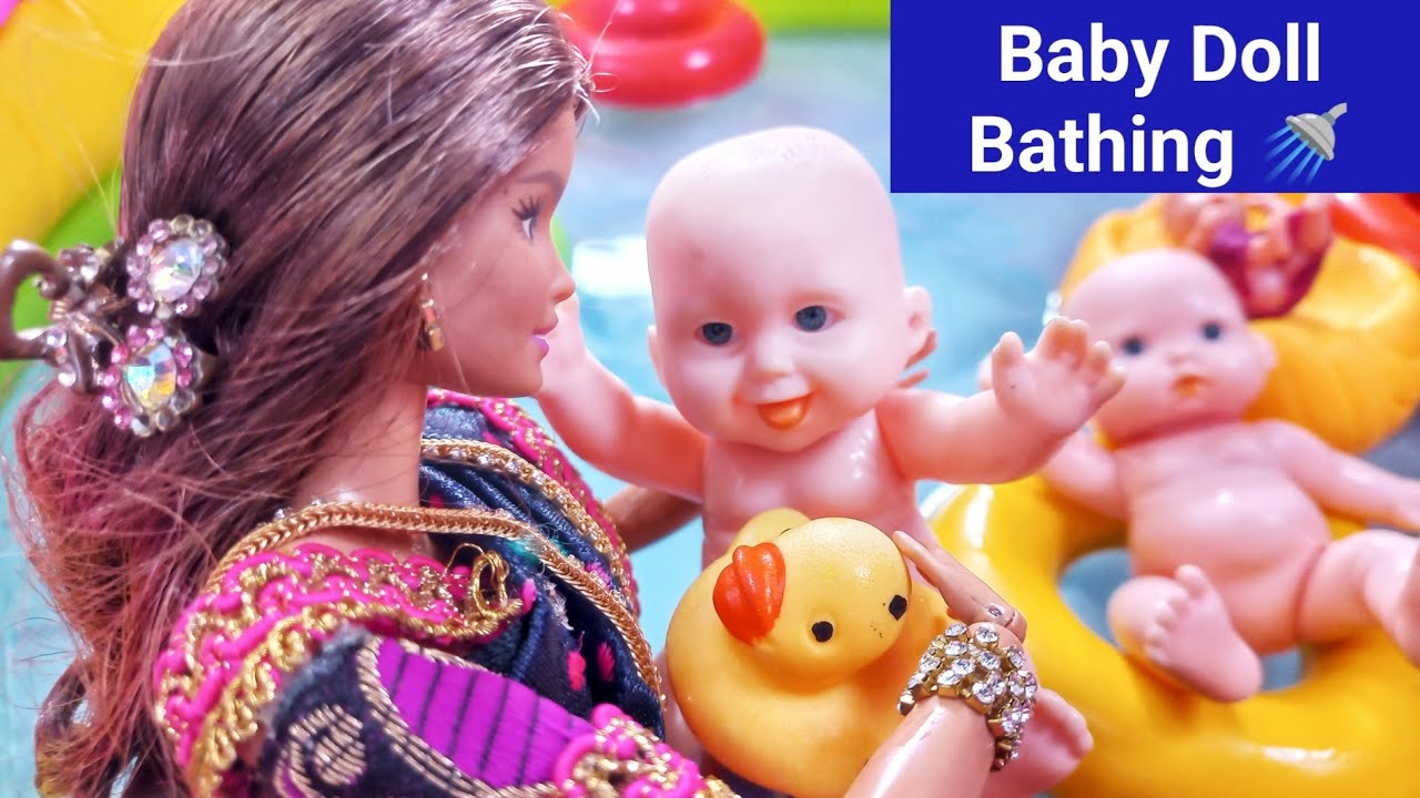 Little Barbie's Taking Bath in Swimming Pool/ Doll Bath Time/ Bubble ...