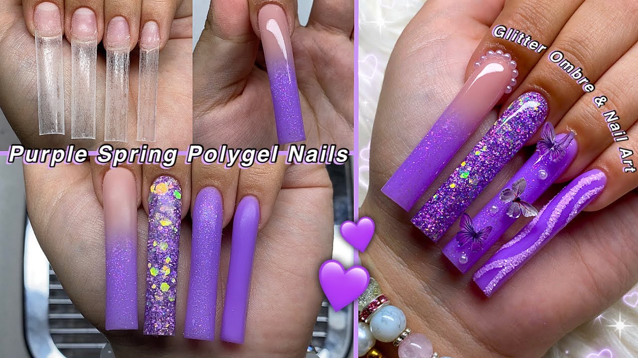 PURPLE SPRING POLYGEL NAILS💜 GLITTER OMBRE & NAIL ART | Nail Tutorial ...