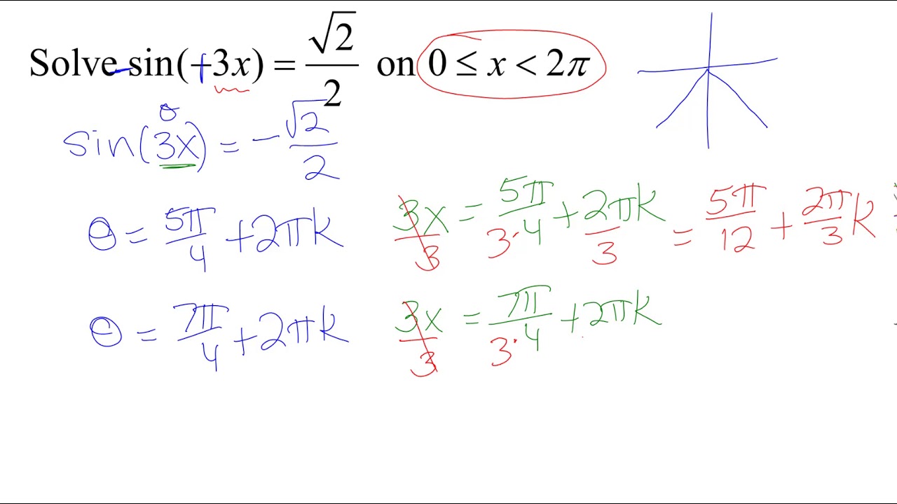 Trig solve sin(3x) = sqrt(2)/2 - YouTube