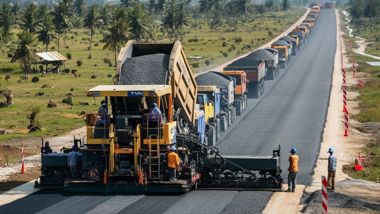 Modern road construction with gravel paver heavy machinery the step by ...