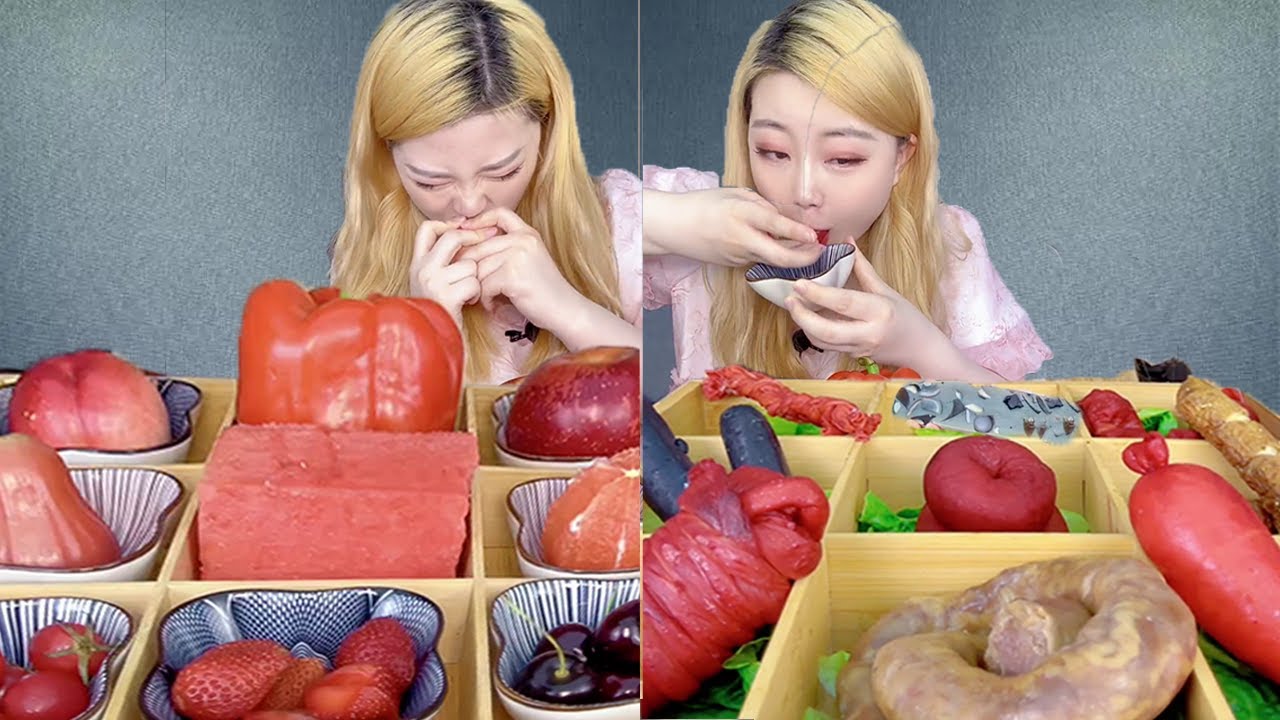 挑战一口吃掉红色食物，每一个都好好吃啊，开心的像在过节【甜甜的胖熙】#九宫格#日常#零食 - YouTube