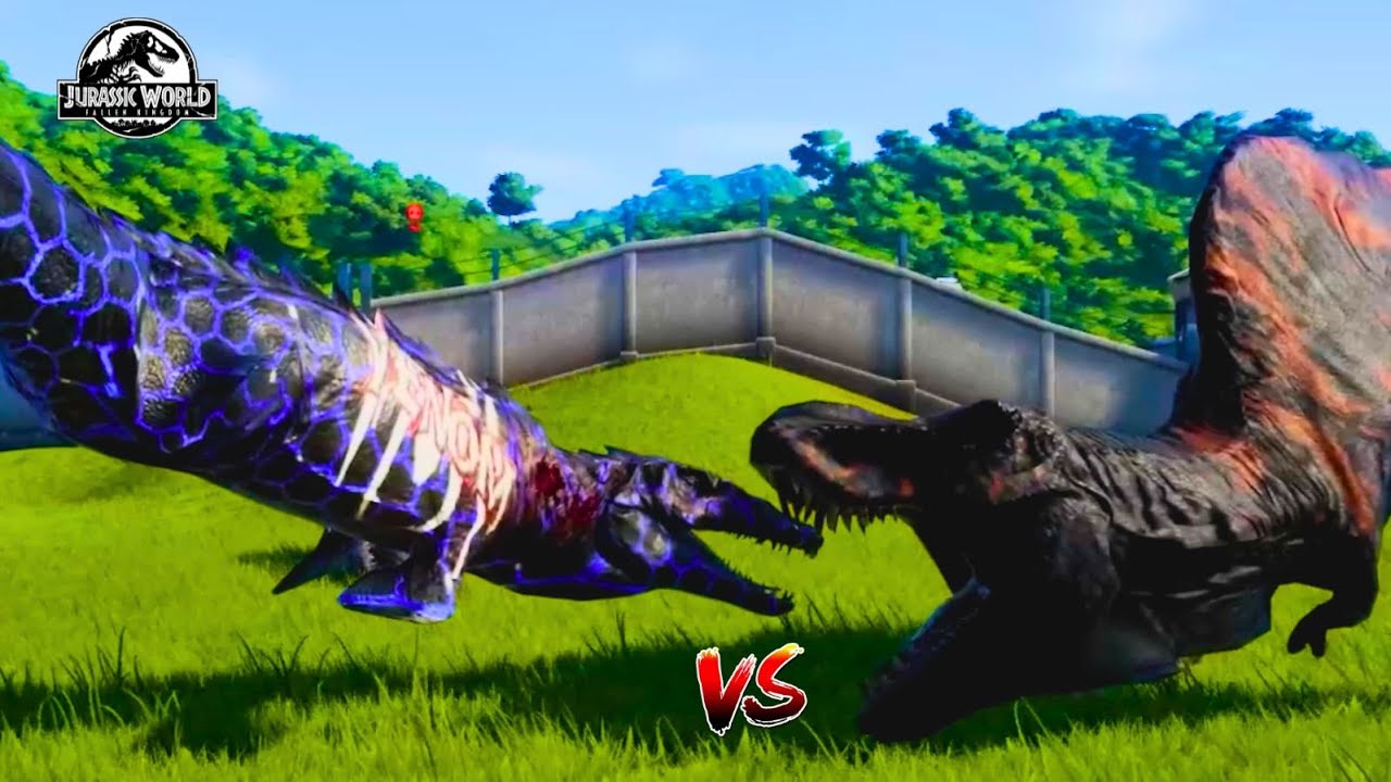 All Tyrannospino epic battles vs All Mosasaurus Blue Venom in Jurassic ...
