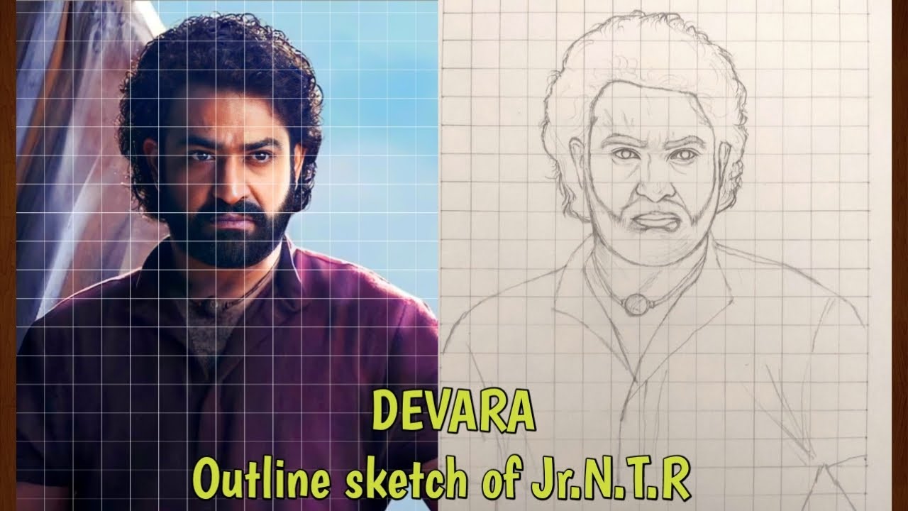 How to draw Jr.N.T.R from movie DEVARA//Grid Method // outline sketch ...