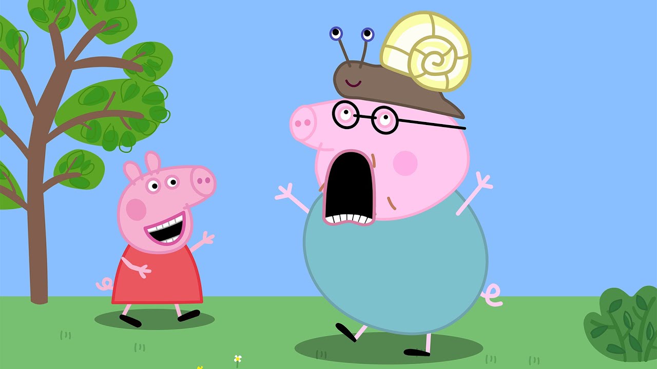 Peppa Pig snail friend climbed up the head of pig father - YouTube
