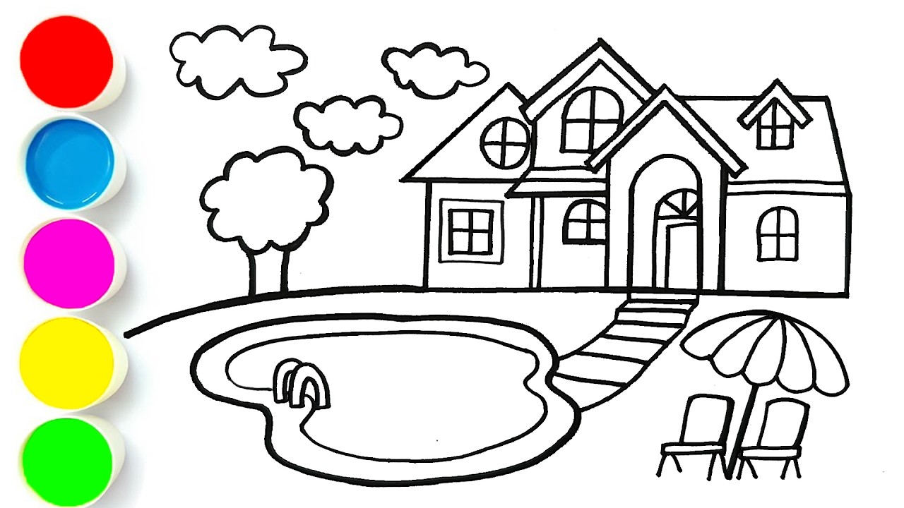 ️💜 House with a Pool Drawing and Coloring - YouTube