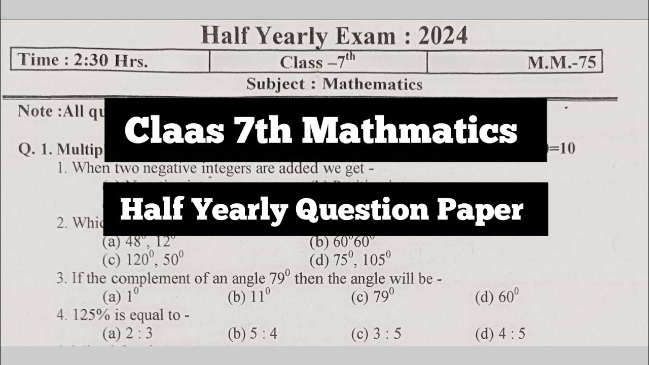 Class - 7 Math Half Yearly Exam Question Paper / Term-1 Session 2024-25 ...
