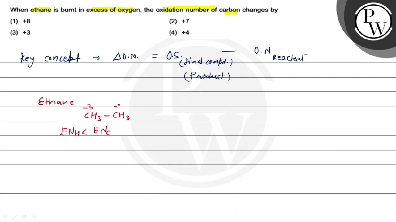 When ethane is burnt in excess of oxygen, the oxidation number of c ...