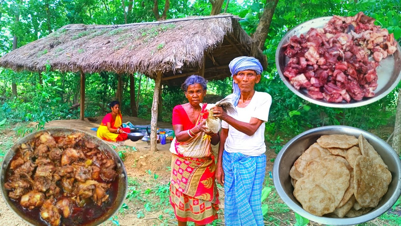 rural tribe mother cooking COUNTRY CHICKEN CURRY and eating with hot ...