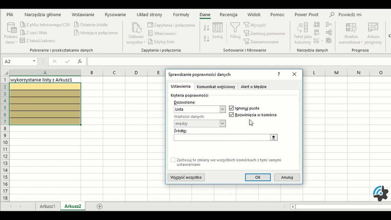 Excel lista rozwijana aktualizowana różne arkusze. - YouTube