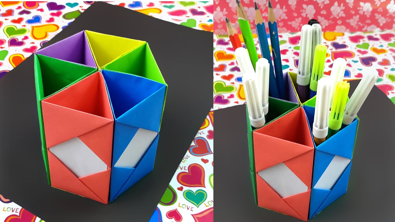 How to Make Pen Stand || Easy Origami || Paper Pencil Holder - YouTube