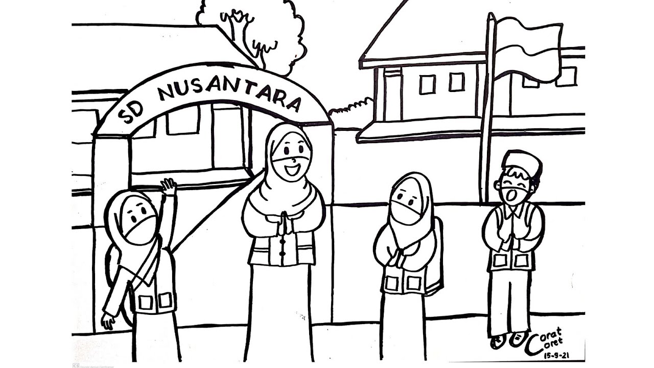 MENGGAMBAR TEMA SEKOLAH || MENGGAMBAR IBU GURU MENYAMBUT MURID - YouTube