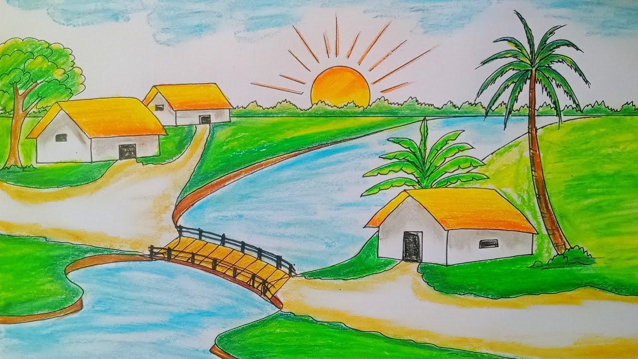 How to draw scenery | Easy drawing step by step| Rural scenery drawing ...