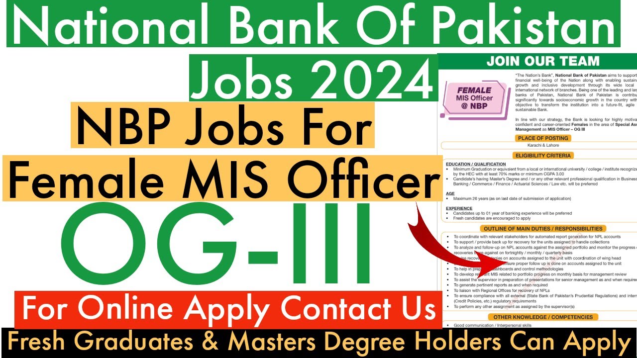 NBP Jobs For Female MIS Officer OG-III - National Bank Of Pakistan OG ...