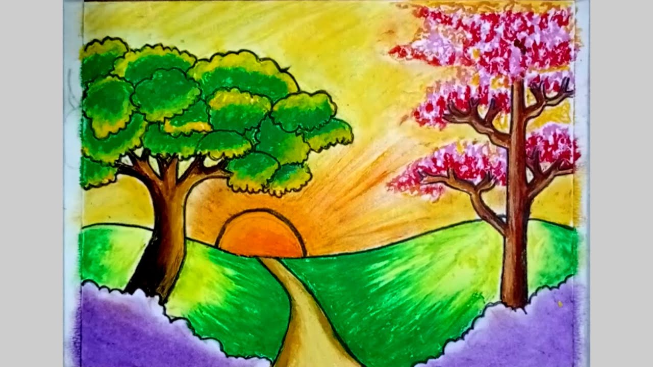 How to draw beautiful nature scenery | Sunrise scenery drawing with oil ...
