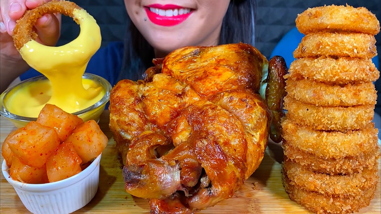 ASMR WHOLE ROAST CHICKEN, ONION RINGS, CHEESE SAUCE 먹방 MUKBANG MASSIVE ...
