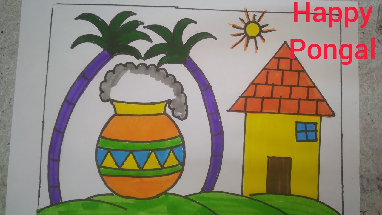Happy pongal drawing easy/Pongal drawing for kids - YouTube