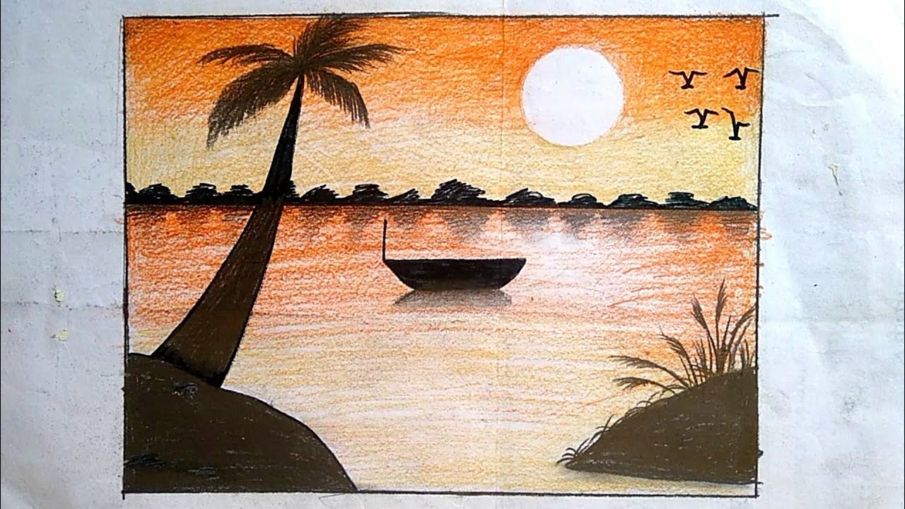 Beautiful sunset scenery drawing with colours , Step by step - YouTube