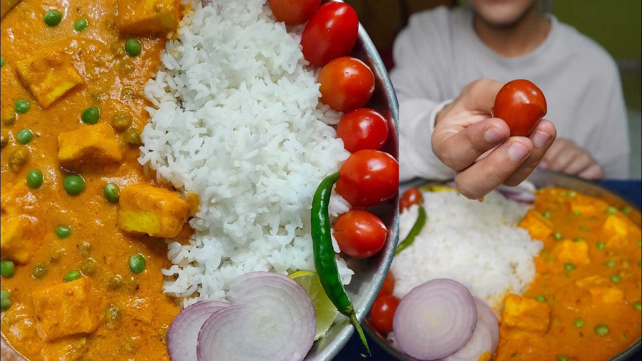 Eating Spicy 🔥 Delicious Mutter Paneer, Rice & Cherry Tomato 🍅| ASMR 🗣 ...