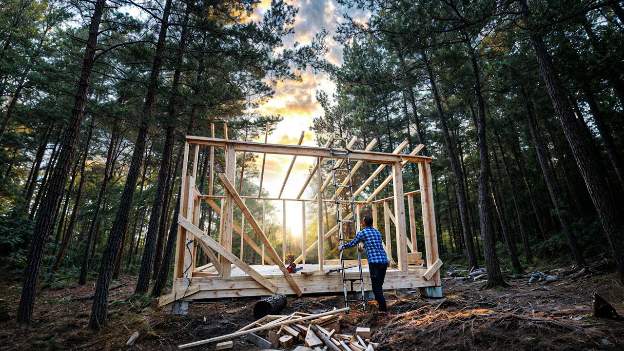 I'm building a big FRAME HOUSE Alone And Tested It Against RAIN! Ep. 3 ...