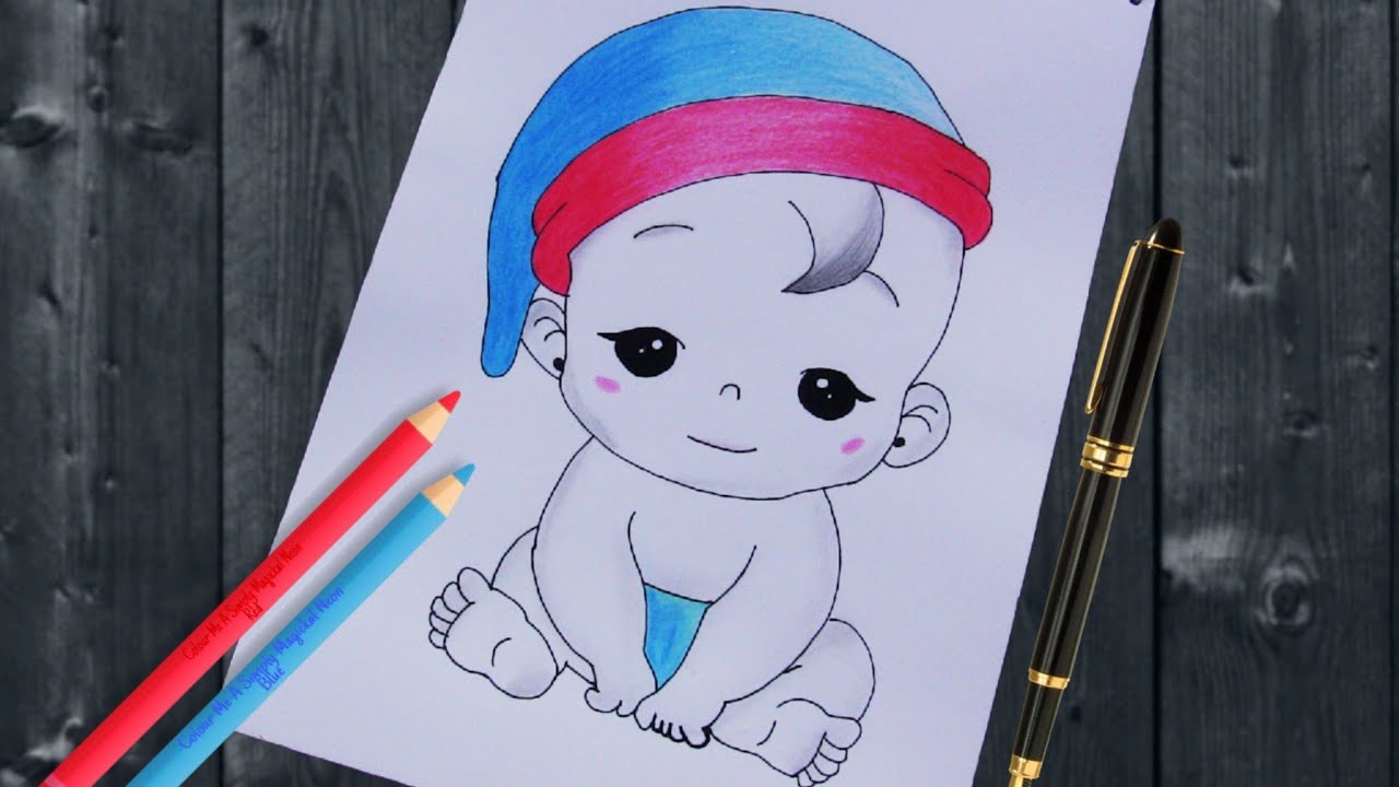 how to draw cute baby drawing//cute baby colour pencil boy drawing step ...