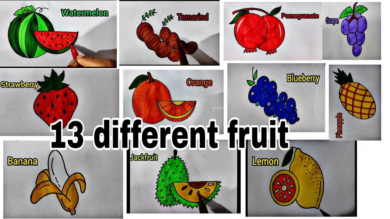 13 different fruit drawing/fruit draw step by step/easy fruits draw # ...