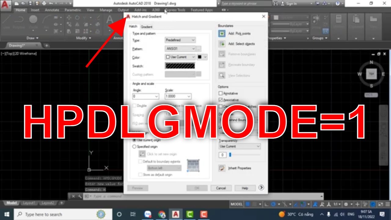 Mở hộp thoại Hatch and Gradient khi kích hoạt lệnh Hatch trong AutoCAD ...