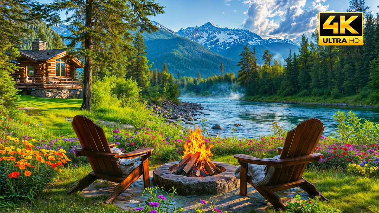 Spring River Ambience by the Cabin | Crackling Campfire, Birdsong and ...