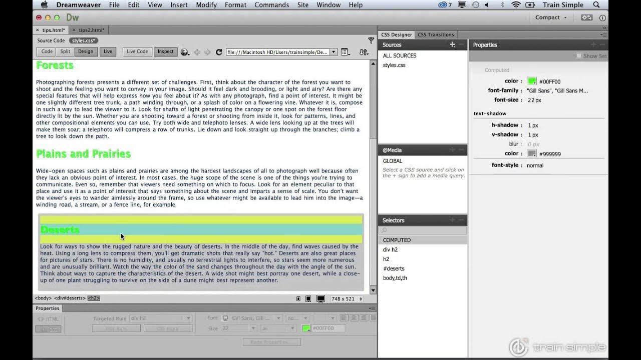 Dreamweaver CC Tutorial Getting Started with CSS Using the Code Navigator - YouTube