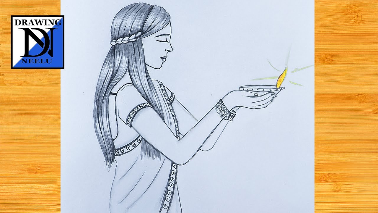 How to draw a Woman with Diya | Pencil sketch for beginner | very easy ...