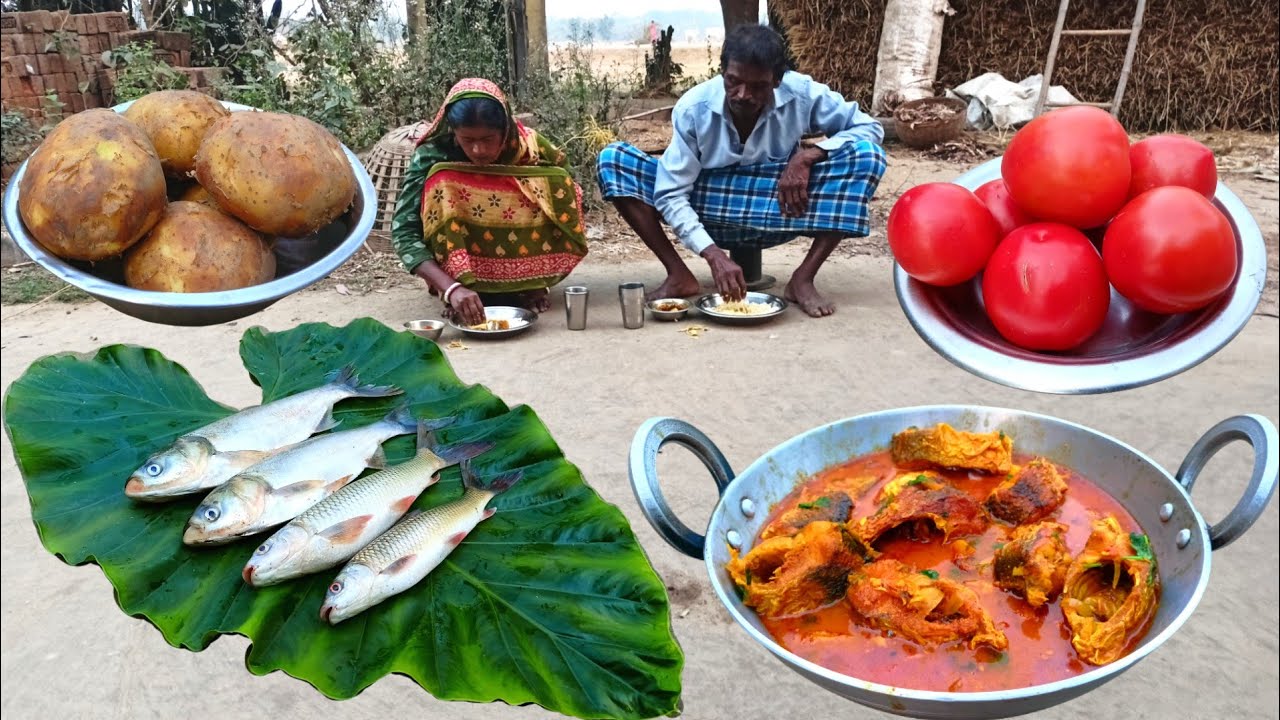 SILVER FISH & ROHU FISH curry with TOMATO POTATO cooking & eating ...