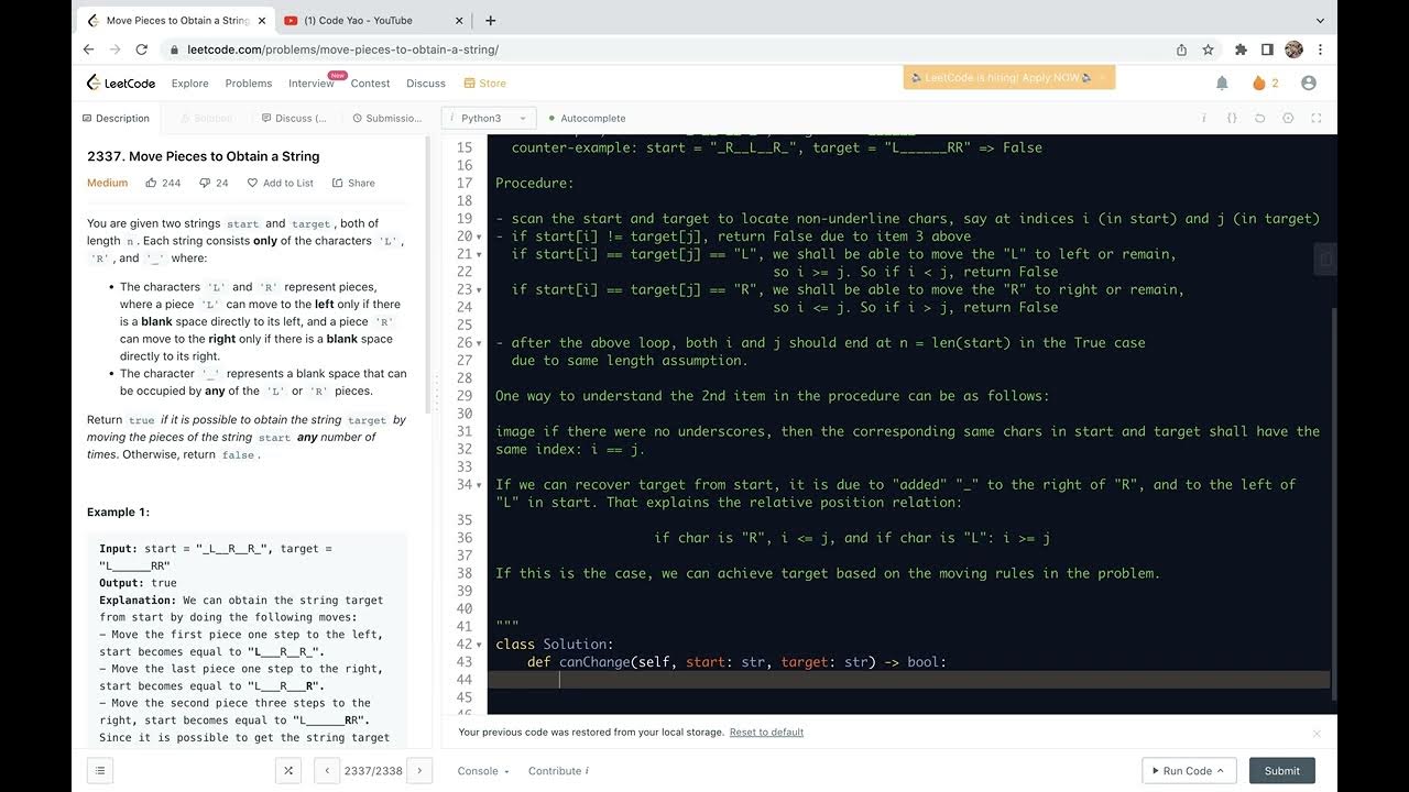Leetcode 2337. Move Pieces to Obtain a String - simultaneously linear traversal - YouTube