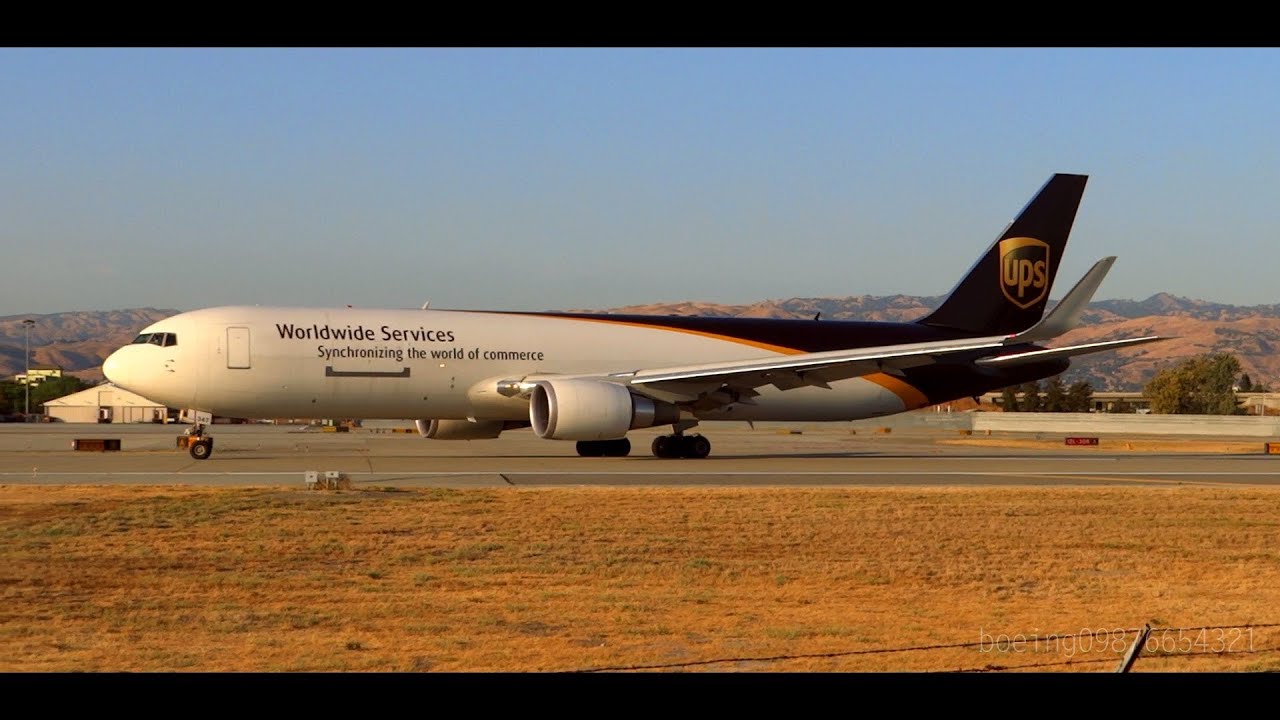 HD UPS Boeing 767-34AF/ER Winglets CLOSE UP Taxi and Takeoff from San ...
