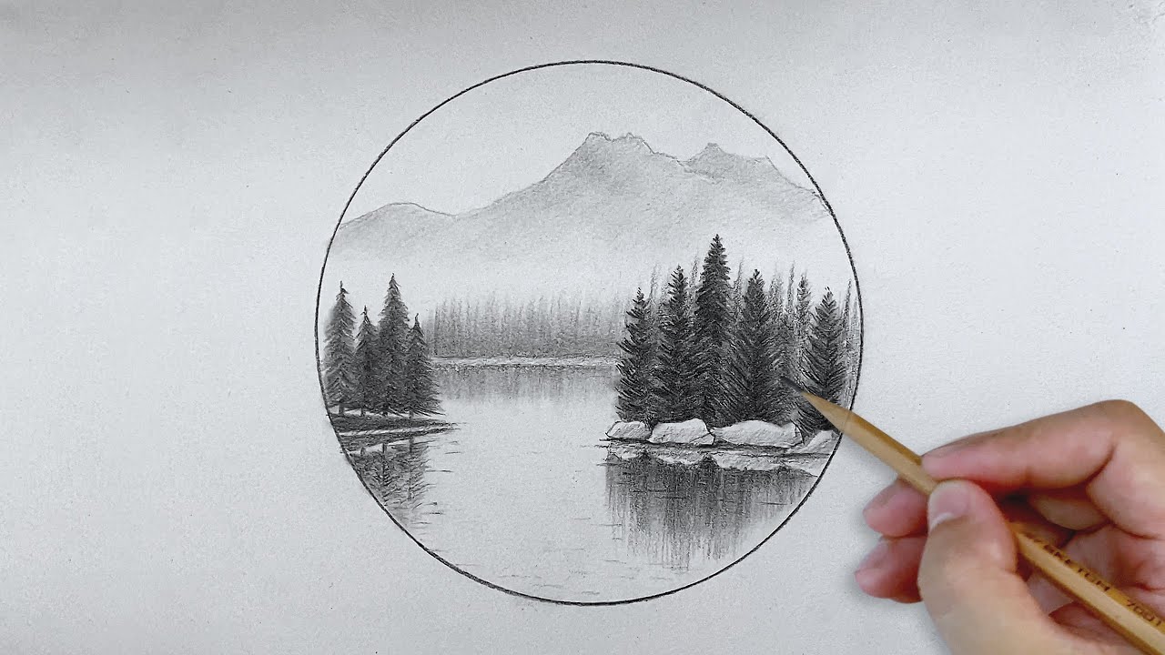 Landscape Sketch | How to drawing Lakeside and tree with pencil ...