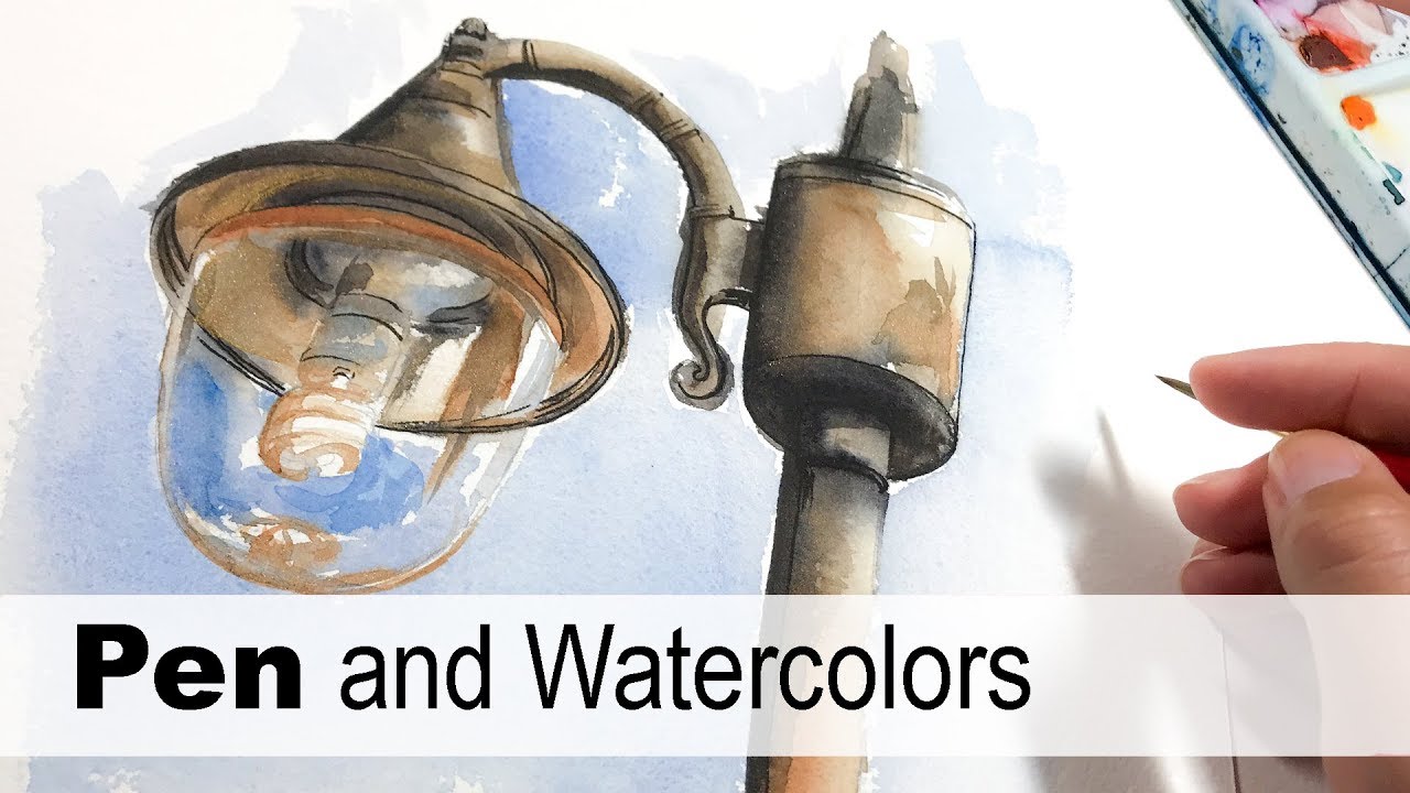 Black Pen and Watercolor Sketching Painting a Lamp VOICEOVER - YouTube