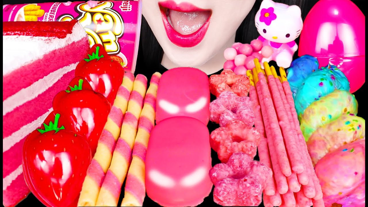 ASMR PINK DESSERTS 핑크색 디저트 EGG SURPRISE ICE CREAM CAKE 먹방 MUKBANG - YouTube