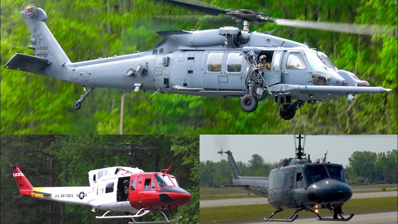 Up close action HH-60W Jolly Green II and USAF UH-1N Huey - YouTube