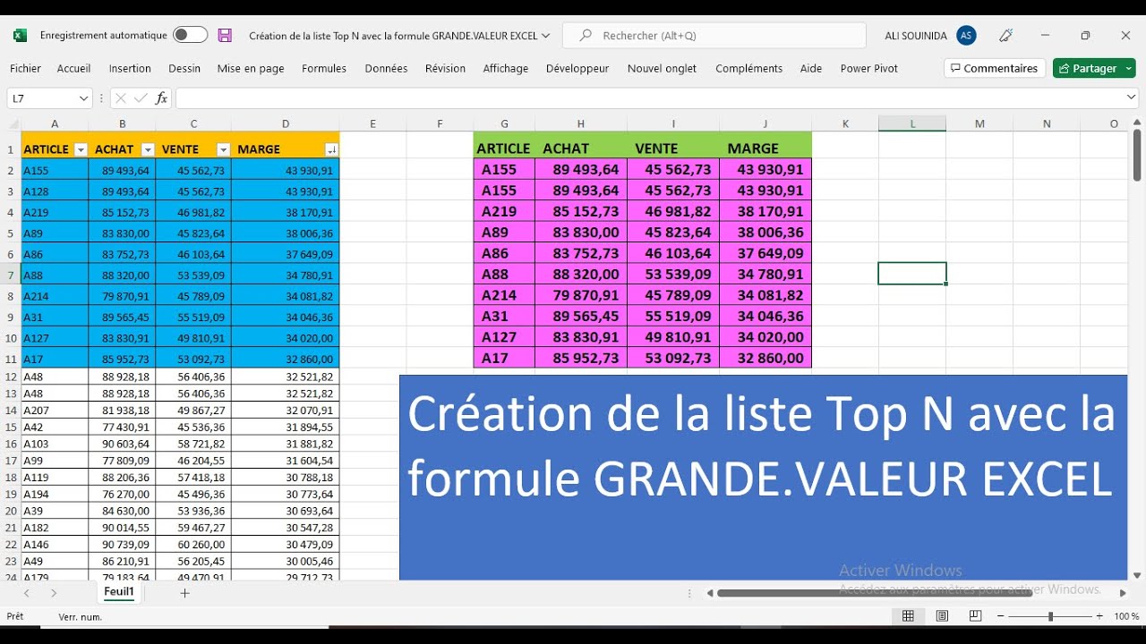 Création de la liste Top N (module1) avec la formule GRANDE VALEUR ...