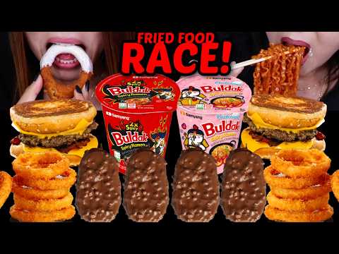 ASMR FRIED FOOD BURGER FEAST! 10X spicy Buldak noodles, crunchy onion rings, chocolate ice cream 먹방