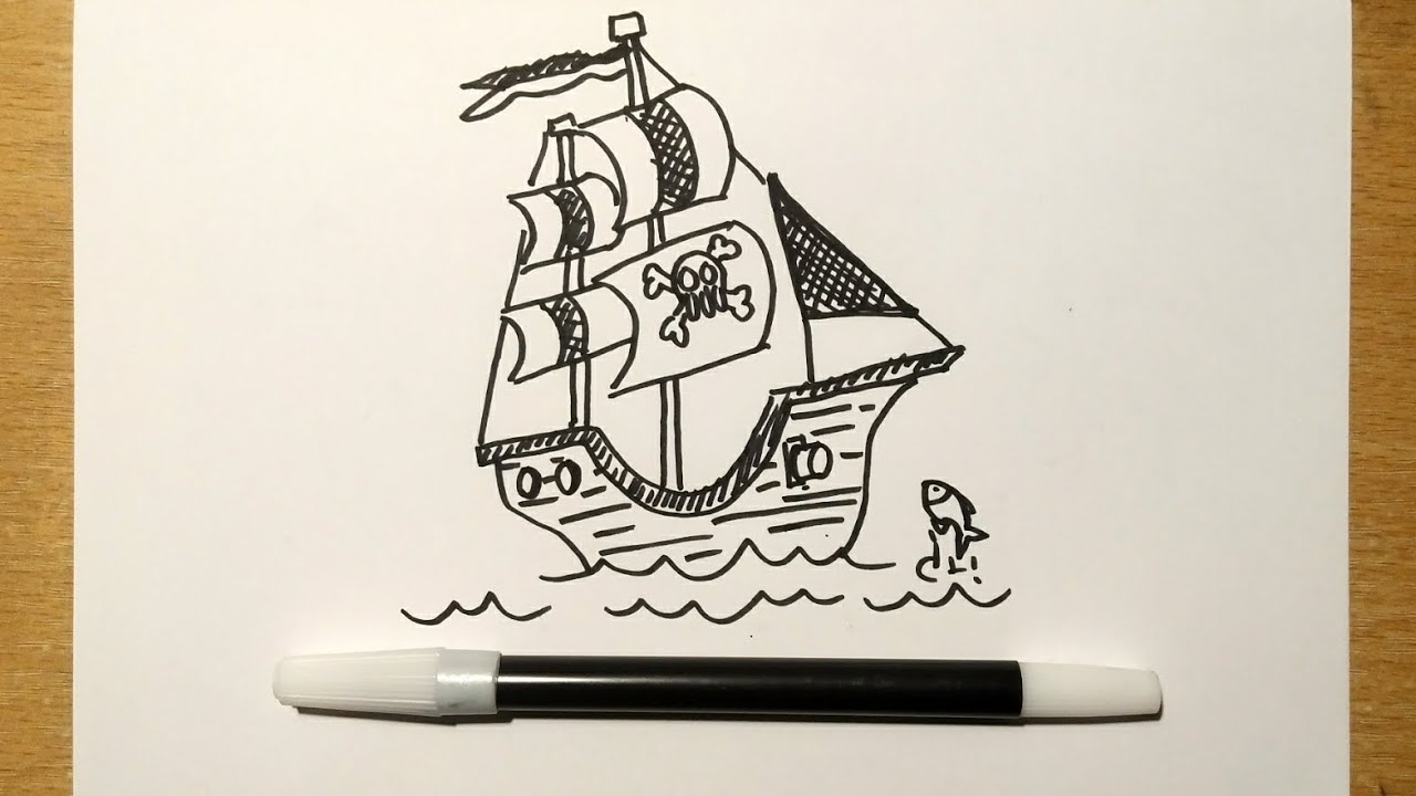 cara menggambar gambar kapal bajak laut mudah || drawing pirates ship ...