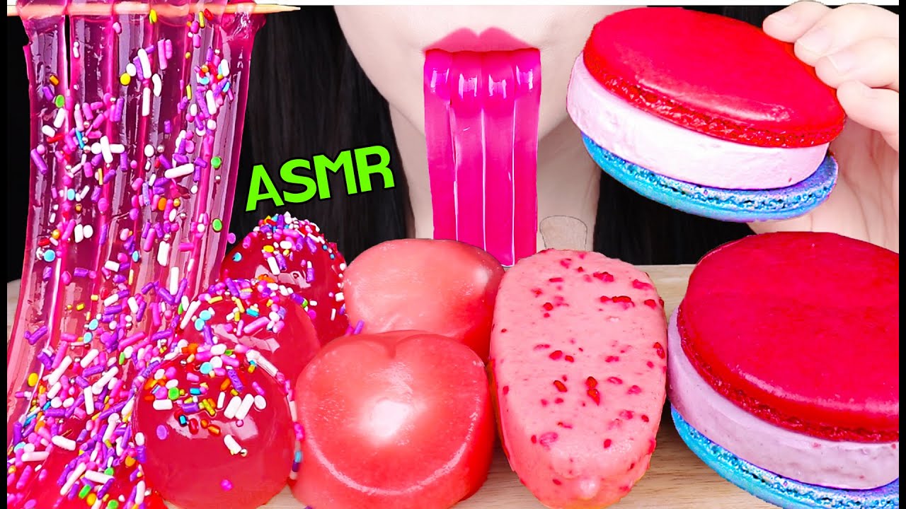 ASMR PINK FOOD *JELLY NOODLES, MACARON ICE CREAM STRAWBERRY 마카롱 아이스크림 ...