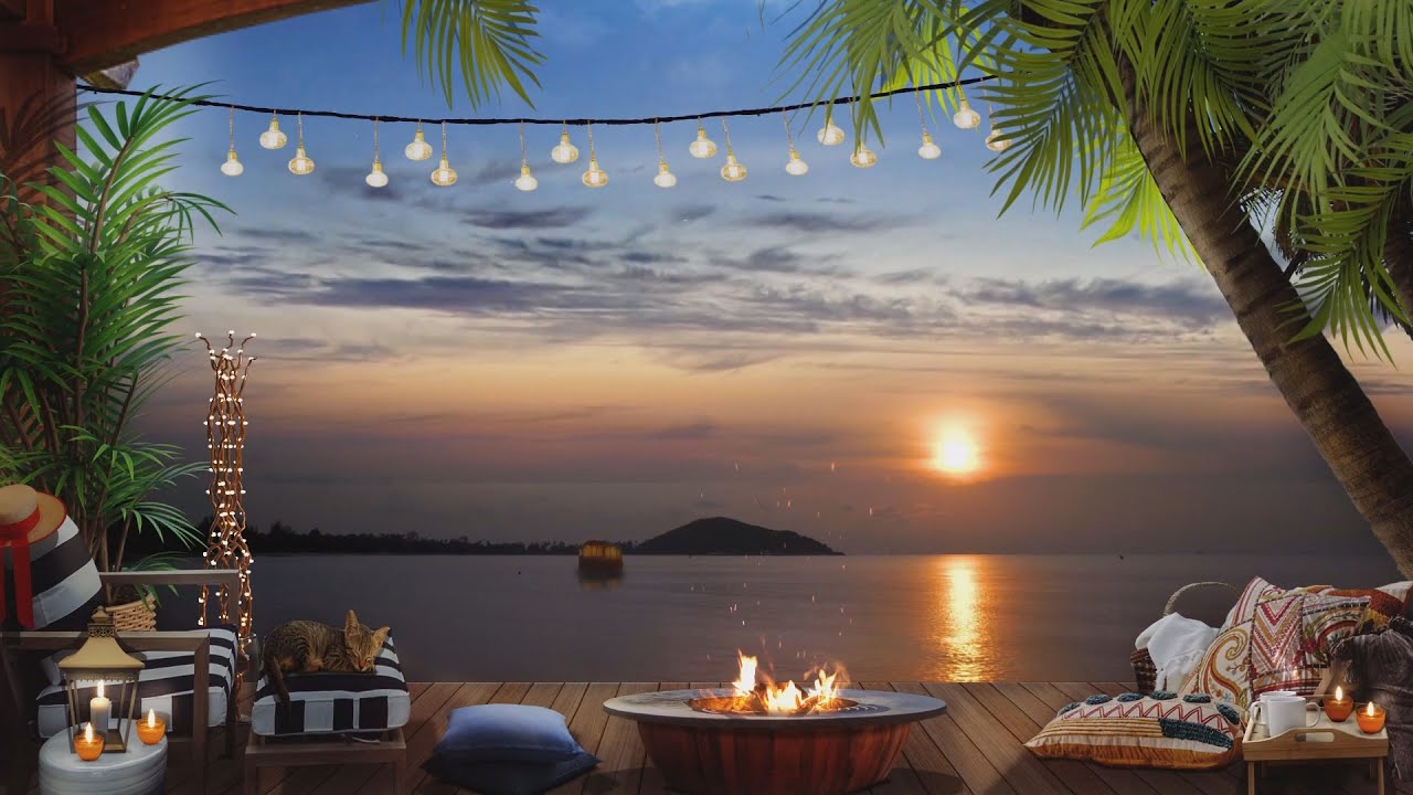 Cozy Summer Terrace Ambience | Relaxing Fireplace & Beach Waves | Sea ...