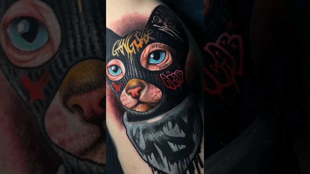 Color realistic cat balaclava graffiti style shin calf tattoo artist ...
