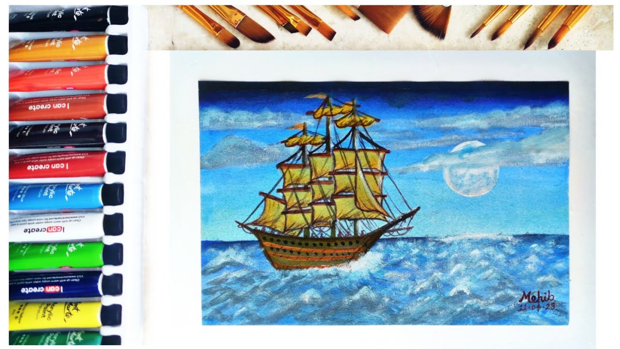 Acrylic paintings🎨Moonlight scenery sailing ship⛵sailing ship Drawing ...