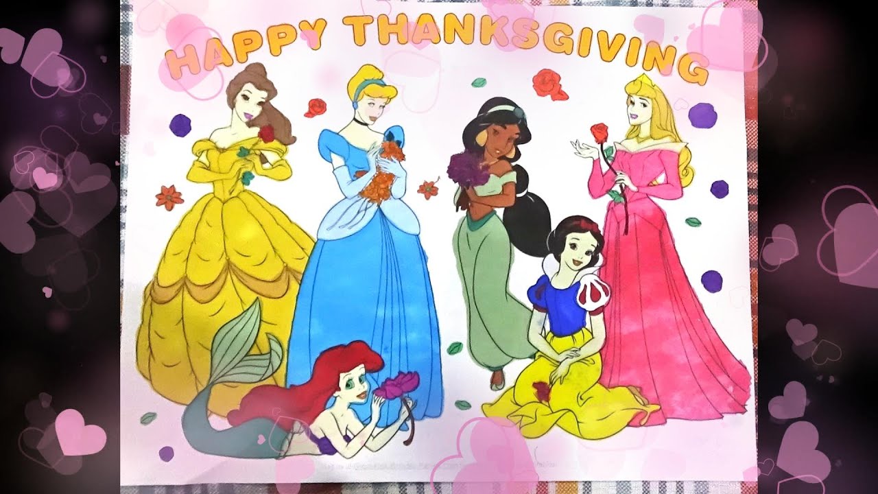 Coloring Disney Princesses Happy Thanksgiving - YouTube