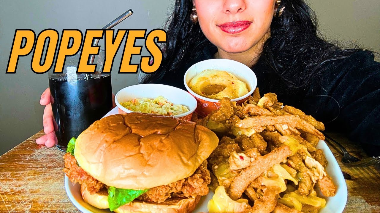 Spicy Popeyes Burger, Cajun Poutine, Coleslaw, Mash Potatoes With Cajun ...