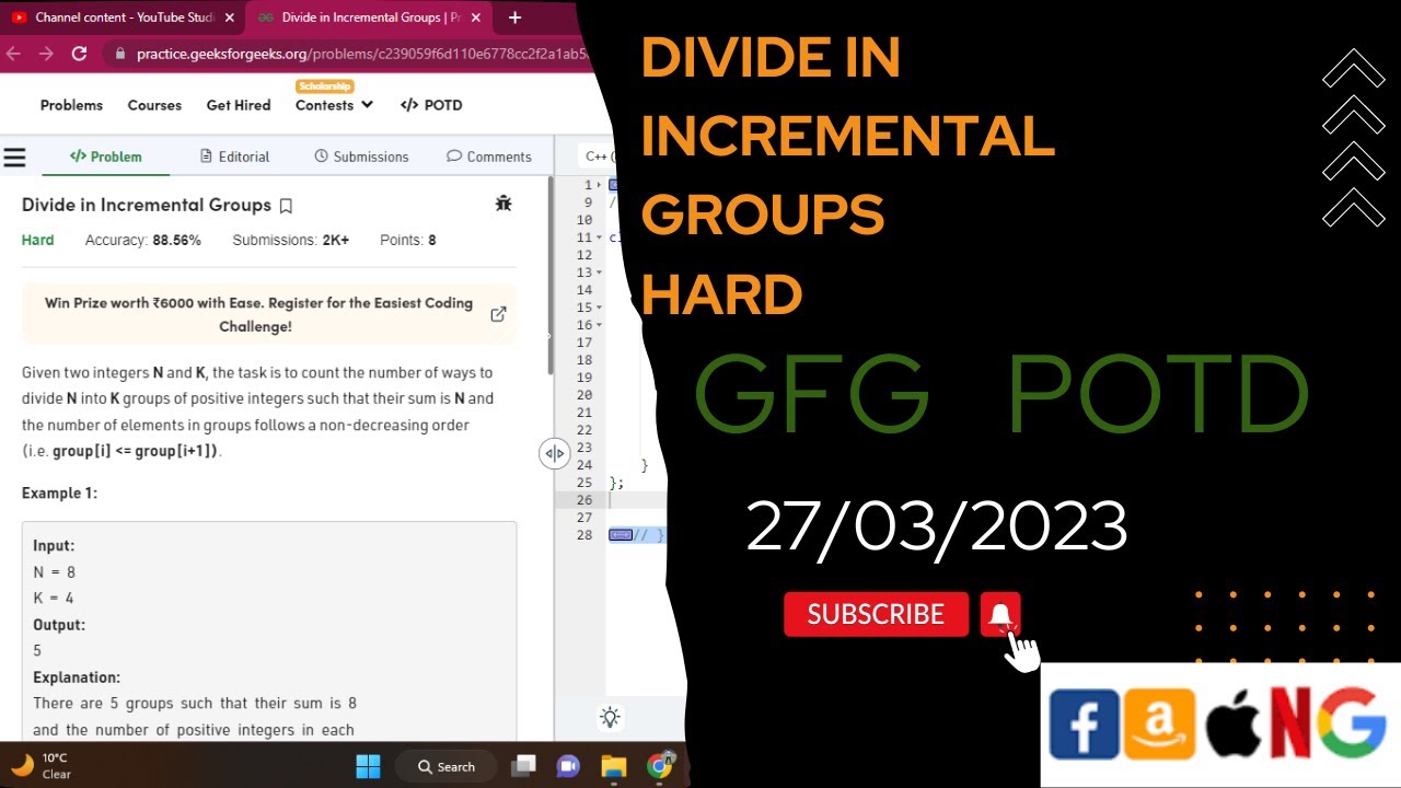 Divide in Incremental Groups Hard Made EASY POTD 27/03/2023|| @gfg @CodeThurst @leetcode - YouTube