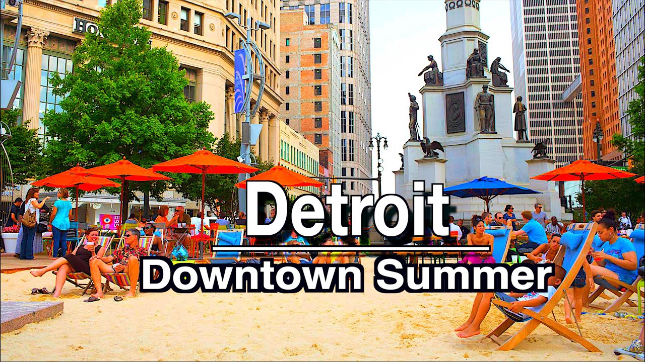 Detroit Downtown Michigan Summer Walking Tour | 5K 60FPS | City Sounds ...