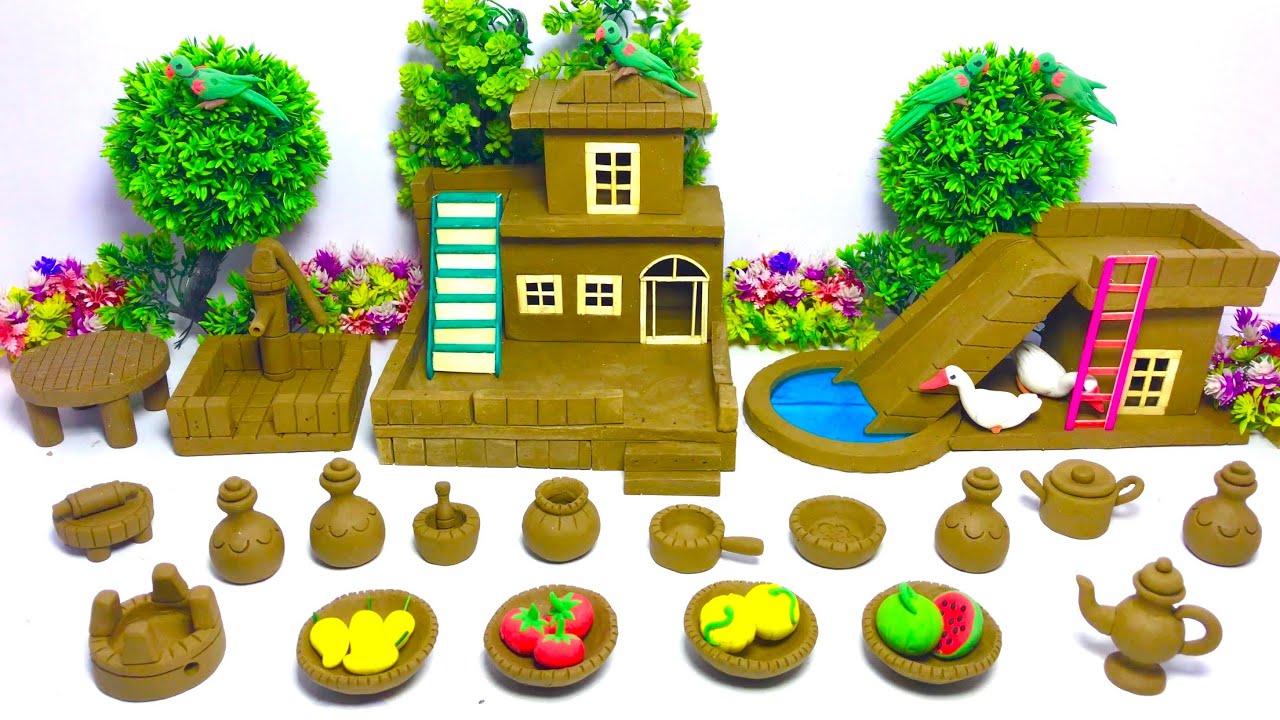 DIY How to make polymer clay miniature house, kitchen set,Bullock cart ...