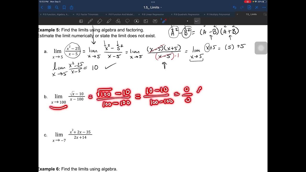 1.5 Ex 5 - Find the limits Algebraically and Factoring - YouTube